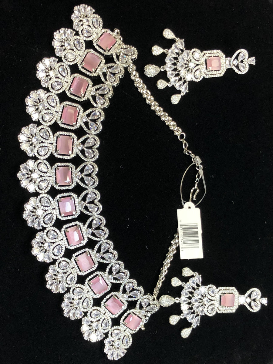 NP 3417 Silver Plated Pink CZ Cubic Zirconia Designer Artificial Ameri ...
