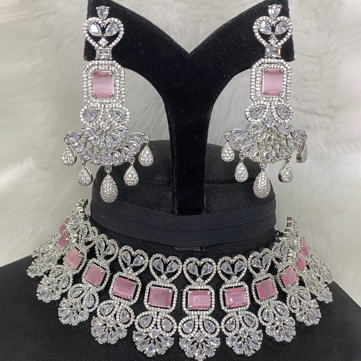 NP 3417 Silver Plated Pink CZ Cubic Zirconia Designer Artificial Ameri ...